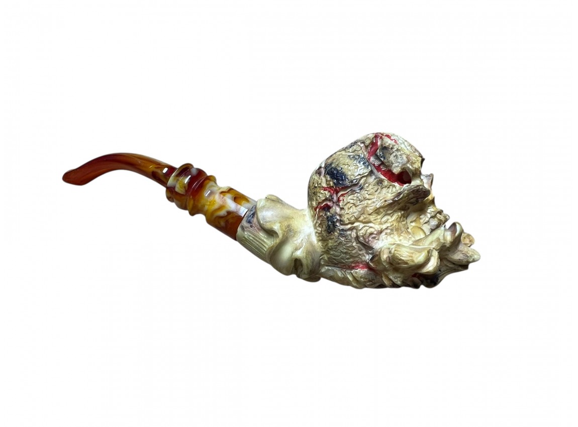 Block Meerschaum Blood Skull Pipe – Hand-Carved Red Skull Meerschaum Pipe